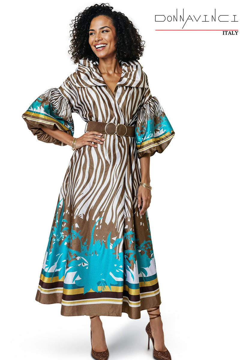 Donna Vinci Church Dress 12248-White/Coffee/Turquoise